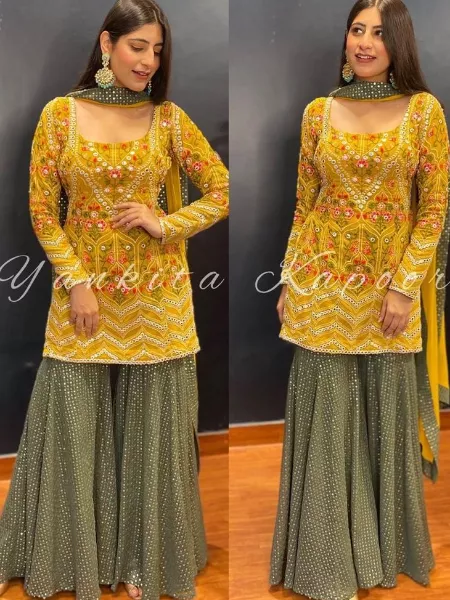 Heavy Sarara Suit with Real Mirror Work and Embroidery in Yellow with ...