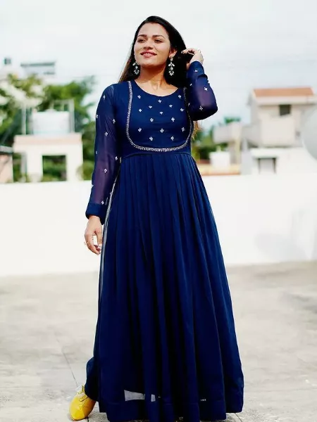 Navy Blue Traditional Georgette Anarkali Dress with Embroidery Work in ...
