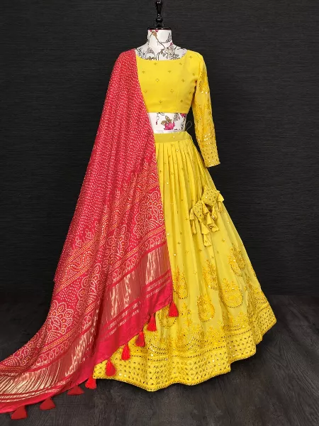 Haldi Yellow Color Georgette Lehenga Choli With Sequence, Paper Mirror ...