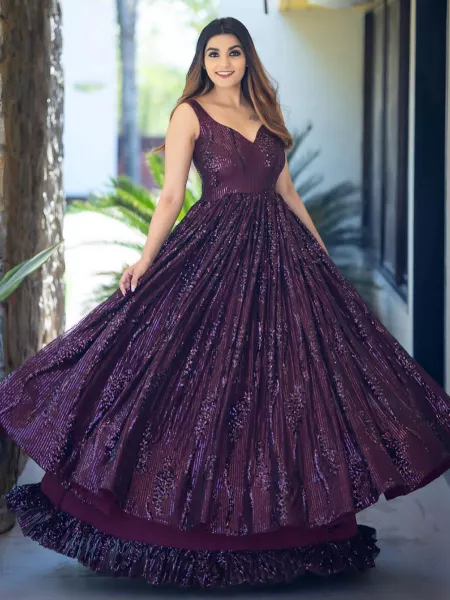 Wine Color Heavy Sequence Gown in Georgette for Wedding and Party Wear ...