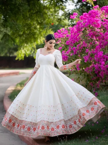 White Color Heavy Gown With Canvas and Real Mirror Work in Maslin Silk ...