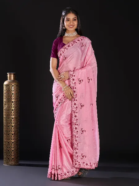 Soft Shiny Chinon Saree in Pink Color With Thread and Zari Embroidery ...