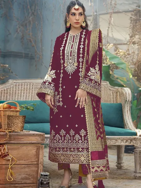 Wine Pakistani Dress in Georgette With Sequins Embroidery Eid ...